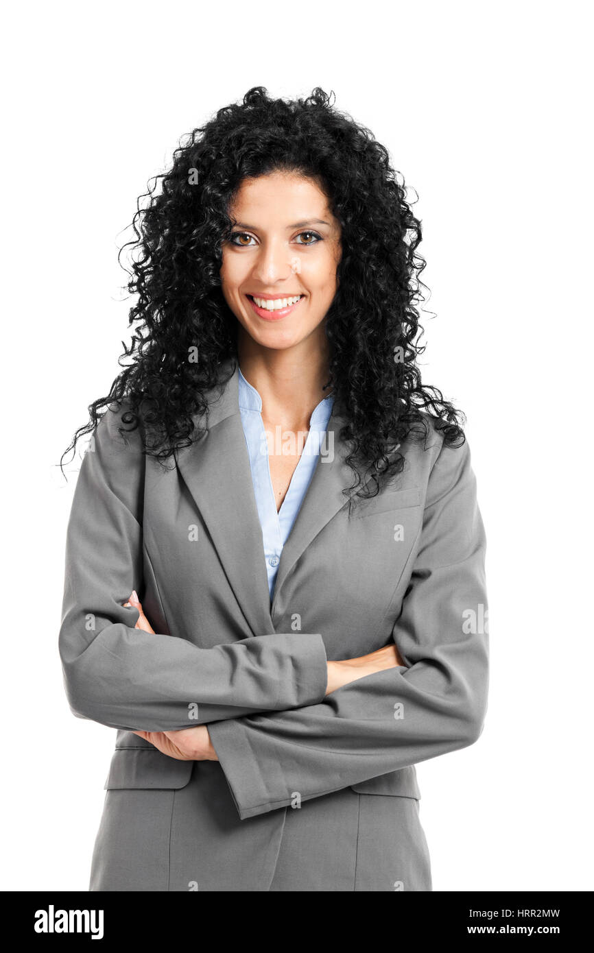Friendly female manager on white background Stock Photo - Alamy