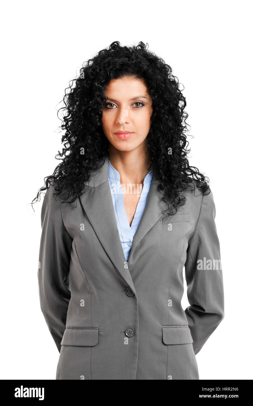 Friendly female manager on white background Stock Photo - Alamy