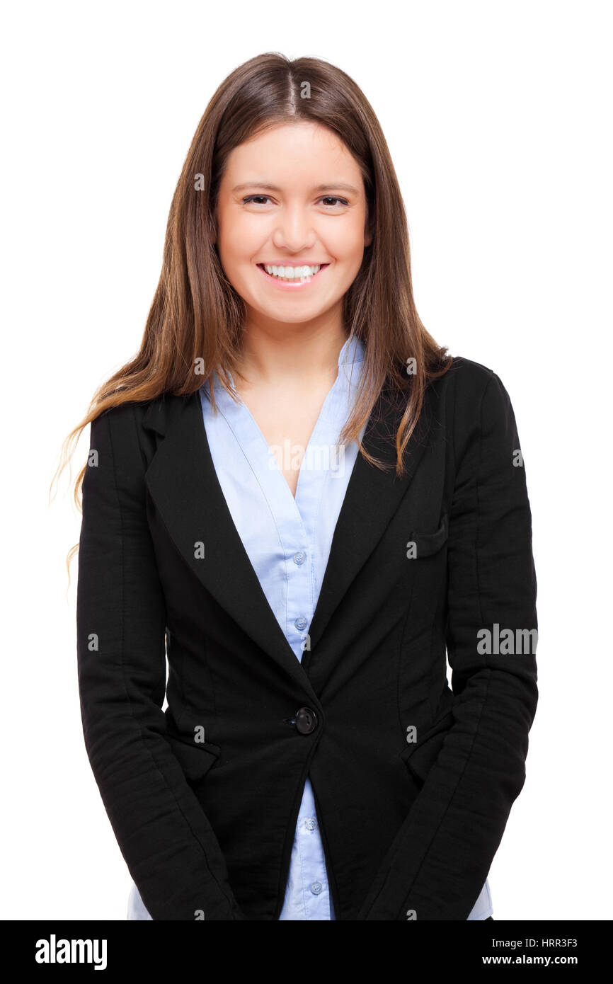 Smiling young female manager isolated on white Stock Photo - Alamy