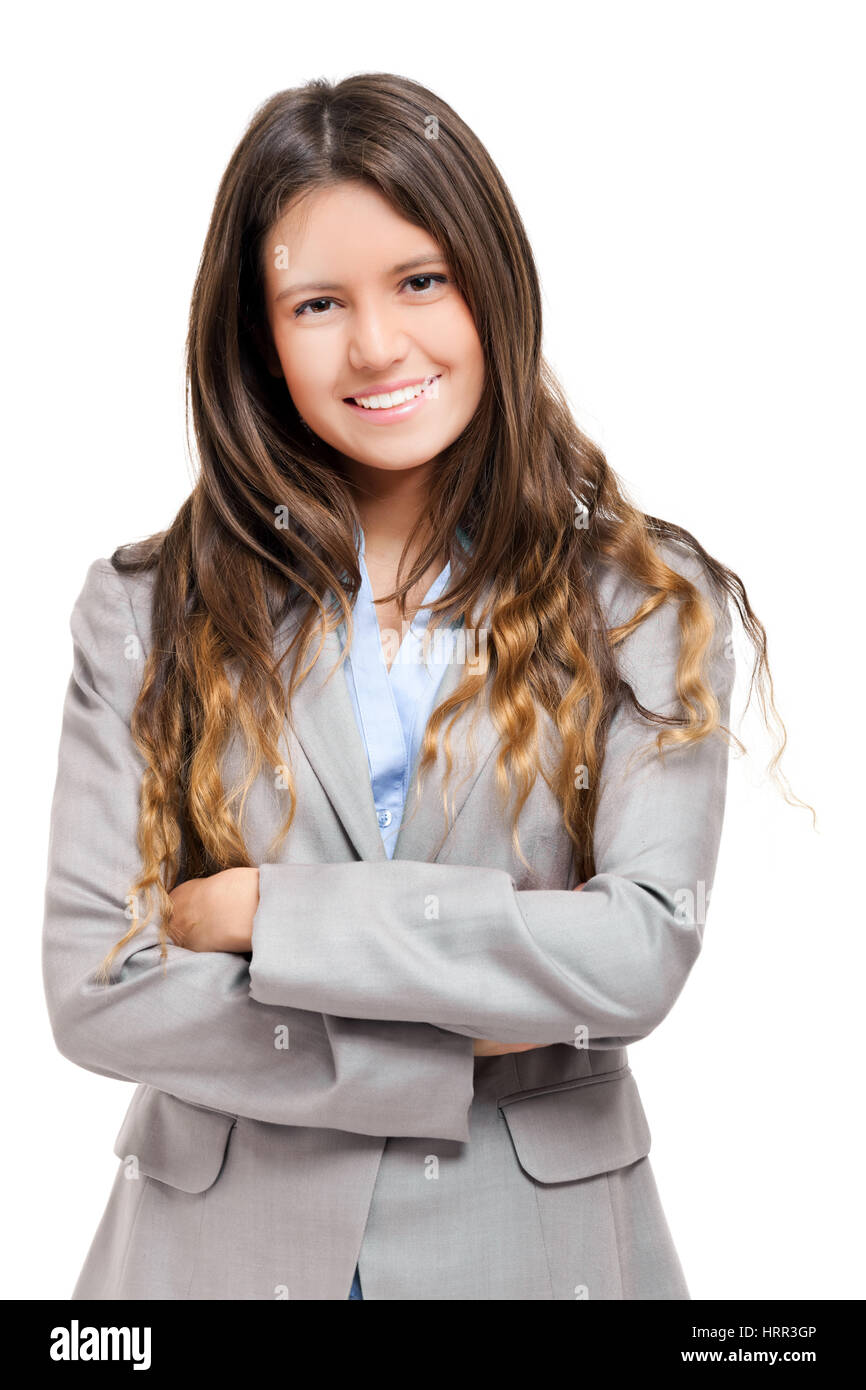 Smiling young female manager isolated Stock Photo - Alamy