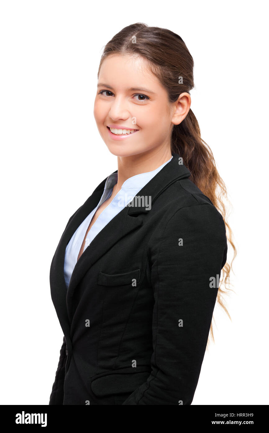 Smiling female manager isolated on white Stock Photo - Alamy