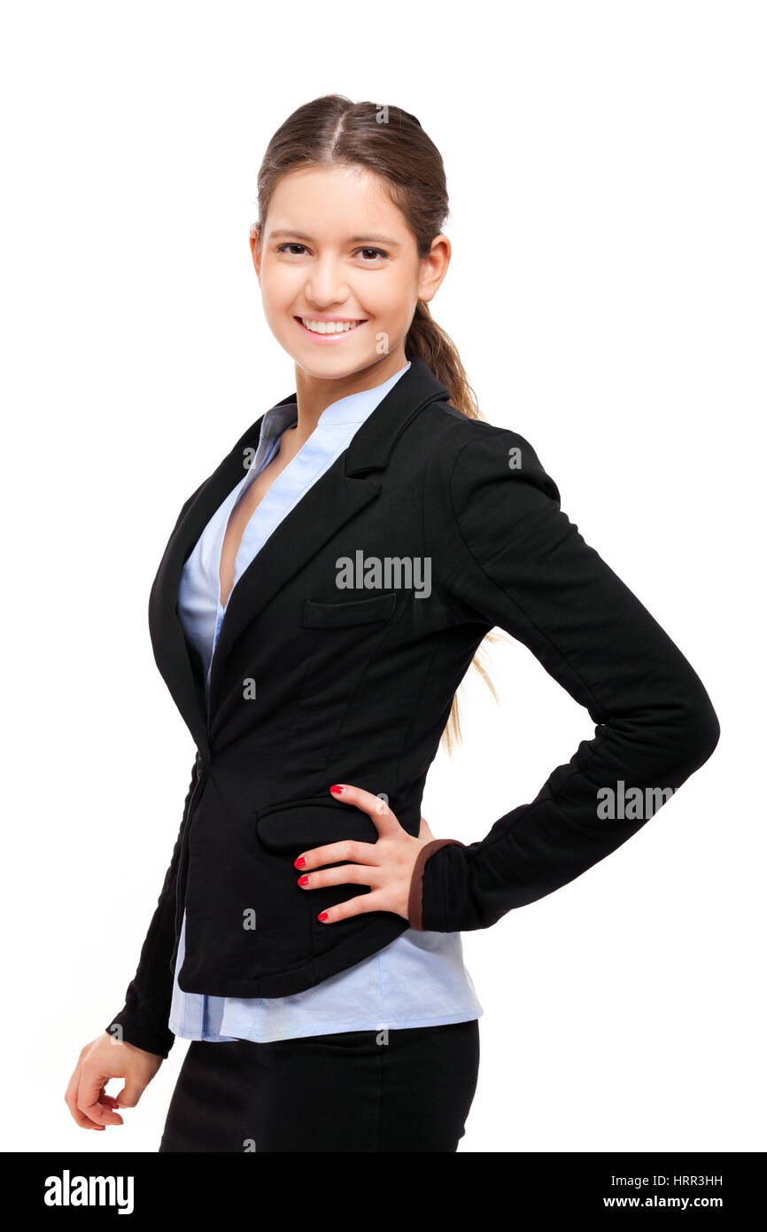 Smiling female manager isolated on white Stock Photo - Alamy