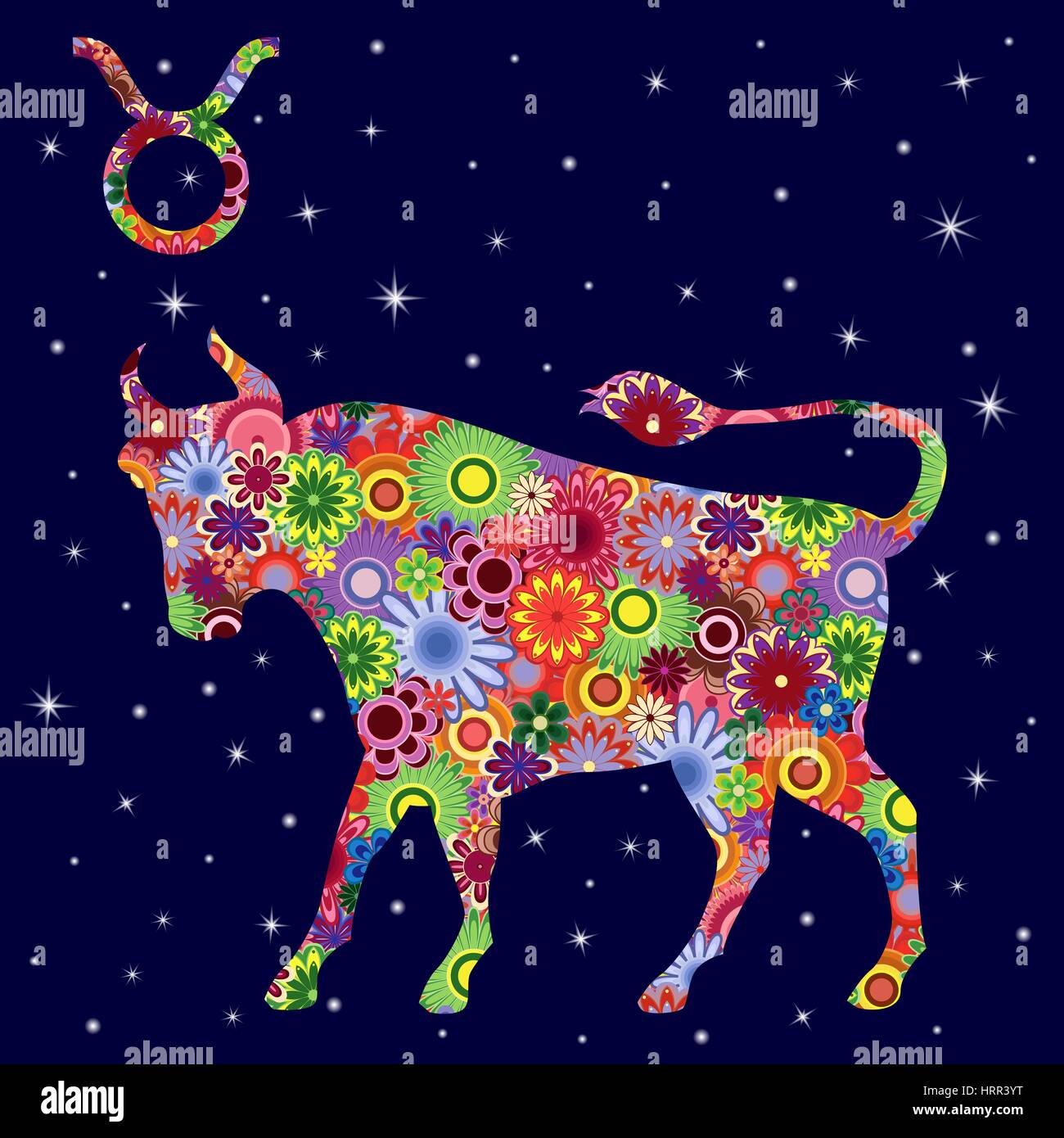 Zodiac Sign Taurus With Colorful Flowers Fill On A Background Of The