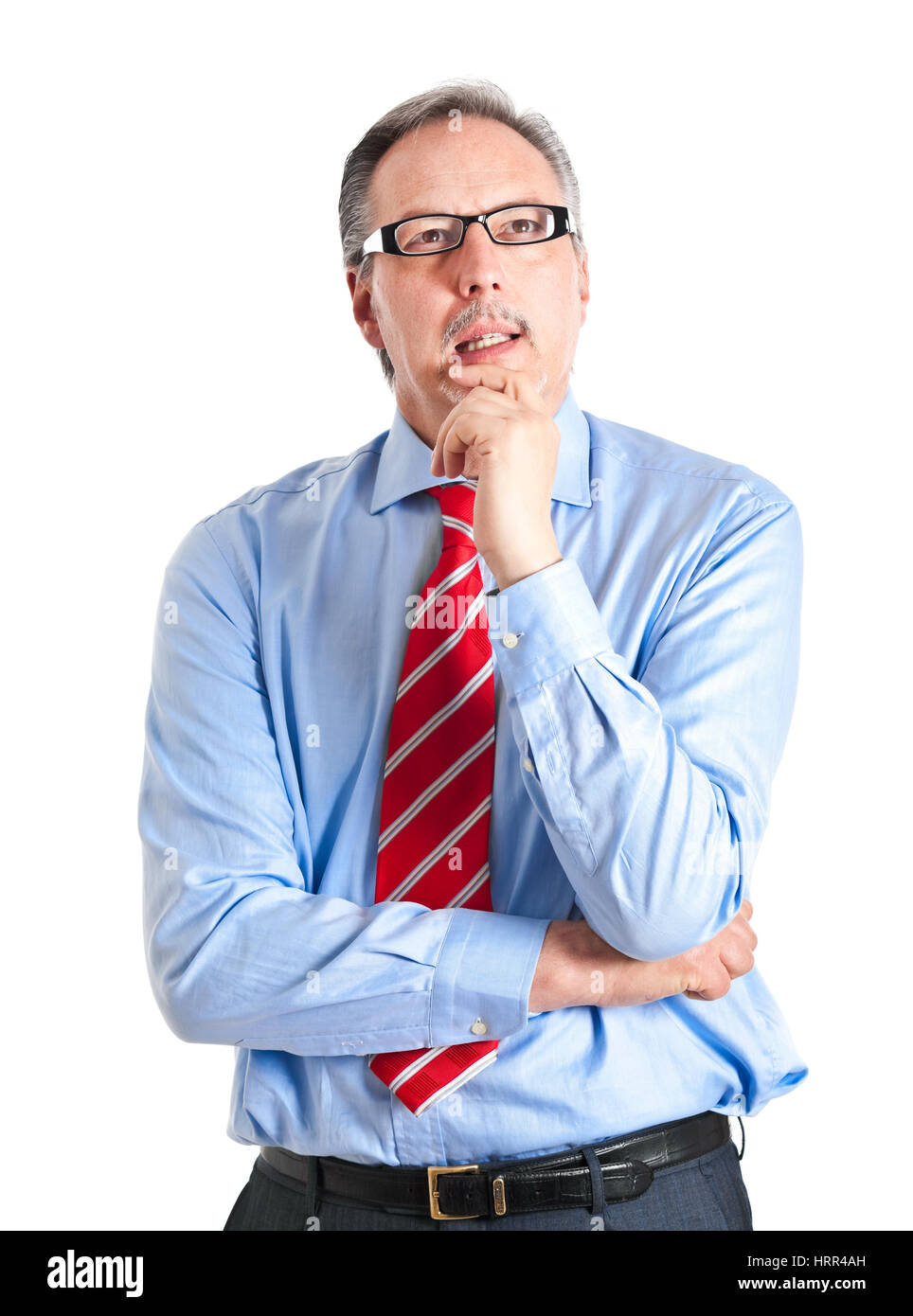 Male manager isolated on white thinking at something Stock Photo - Alamy
