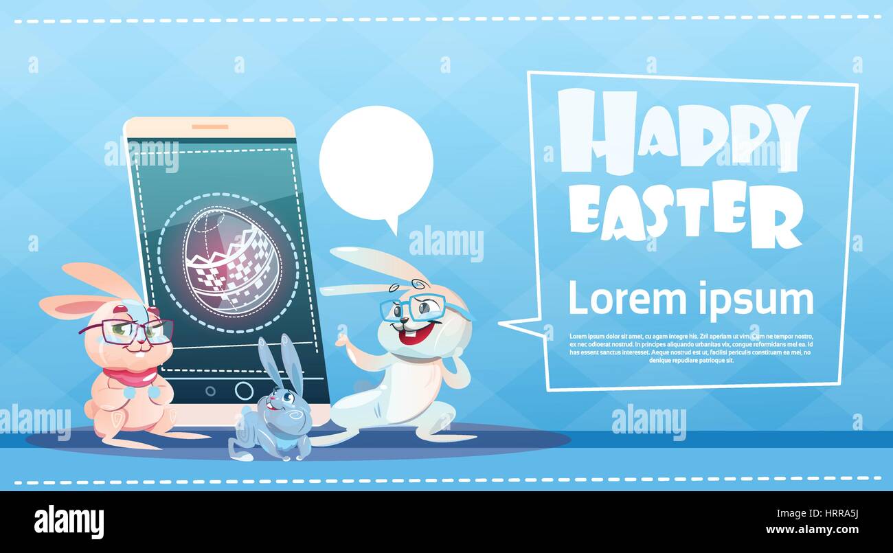 Rabbits Group Use Cell Smart Phone Easter Holiday Symbols Greeting Card ...
