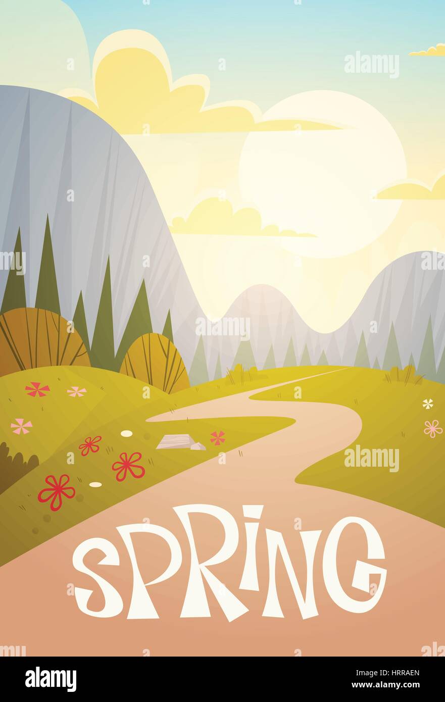 Mountain Range Spring Landscape Country Road Nature Background Stock ...