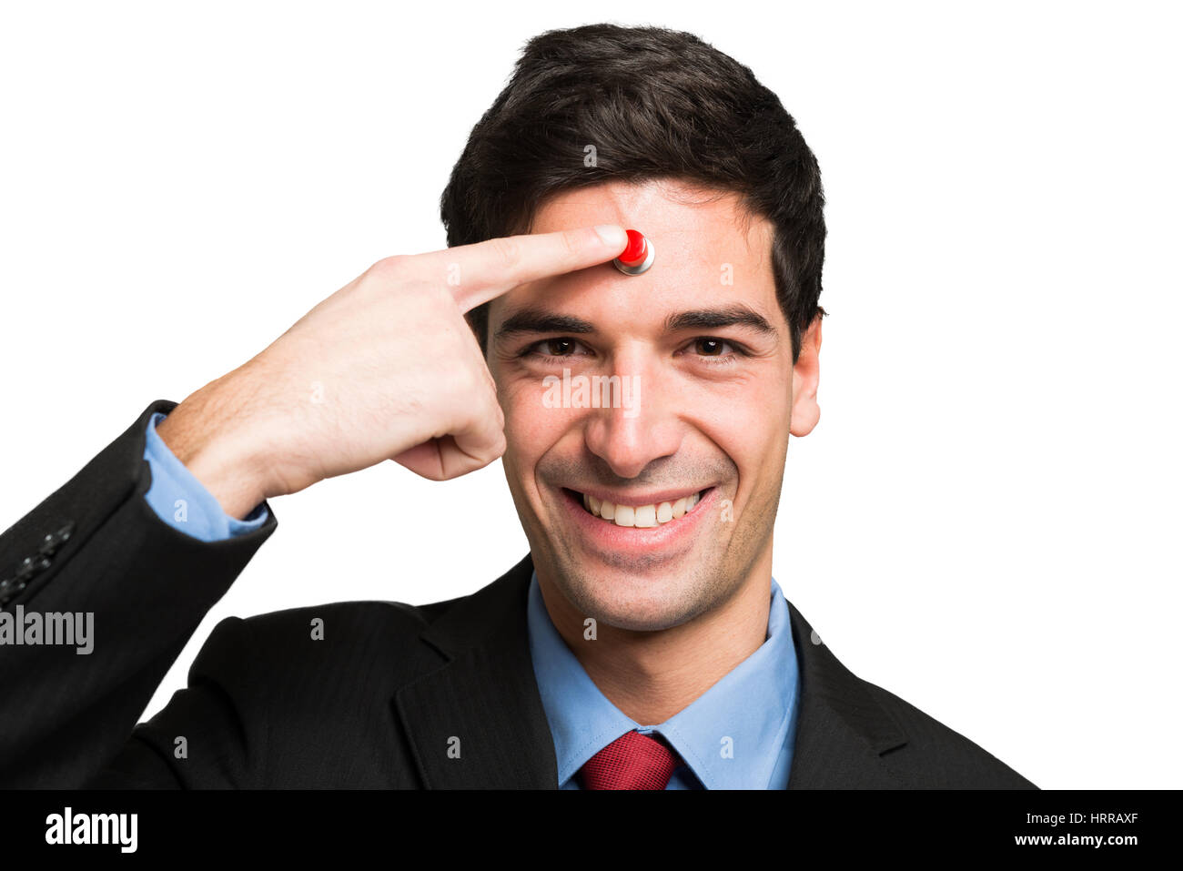 Man pressing a button on his head Stock Photo - Alamy