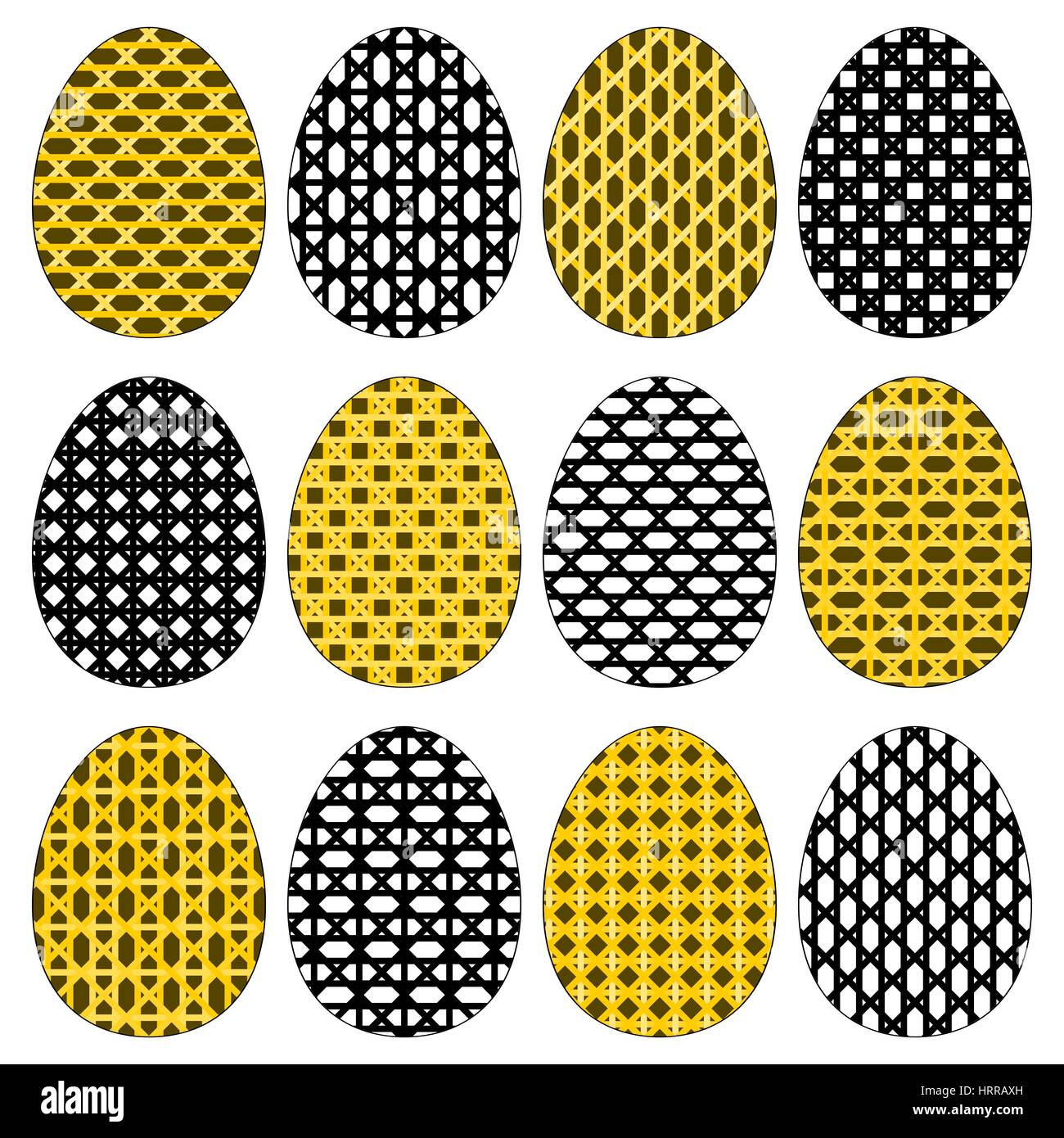 Twelve golden yellow and monochrome Easter eggs with stripe patterns ...