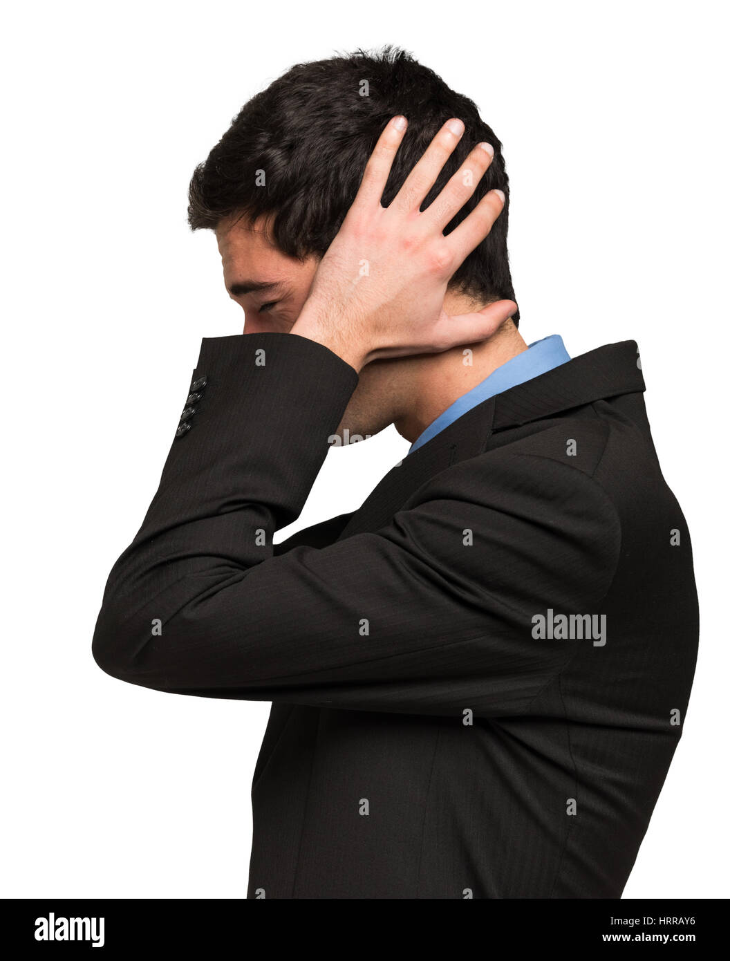 Side portrait of a desperate business man. Isolated on white Stock ...