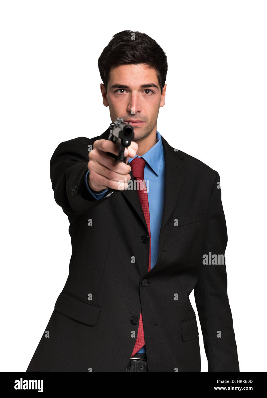 Man holding a gun. Isolated on white background Stock Photo - Alamy