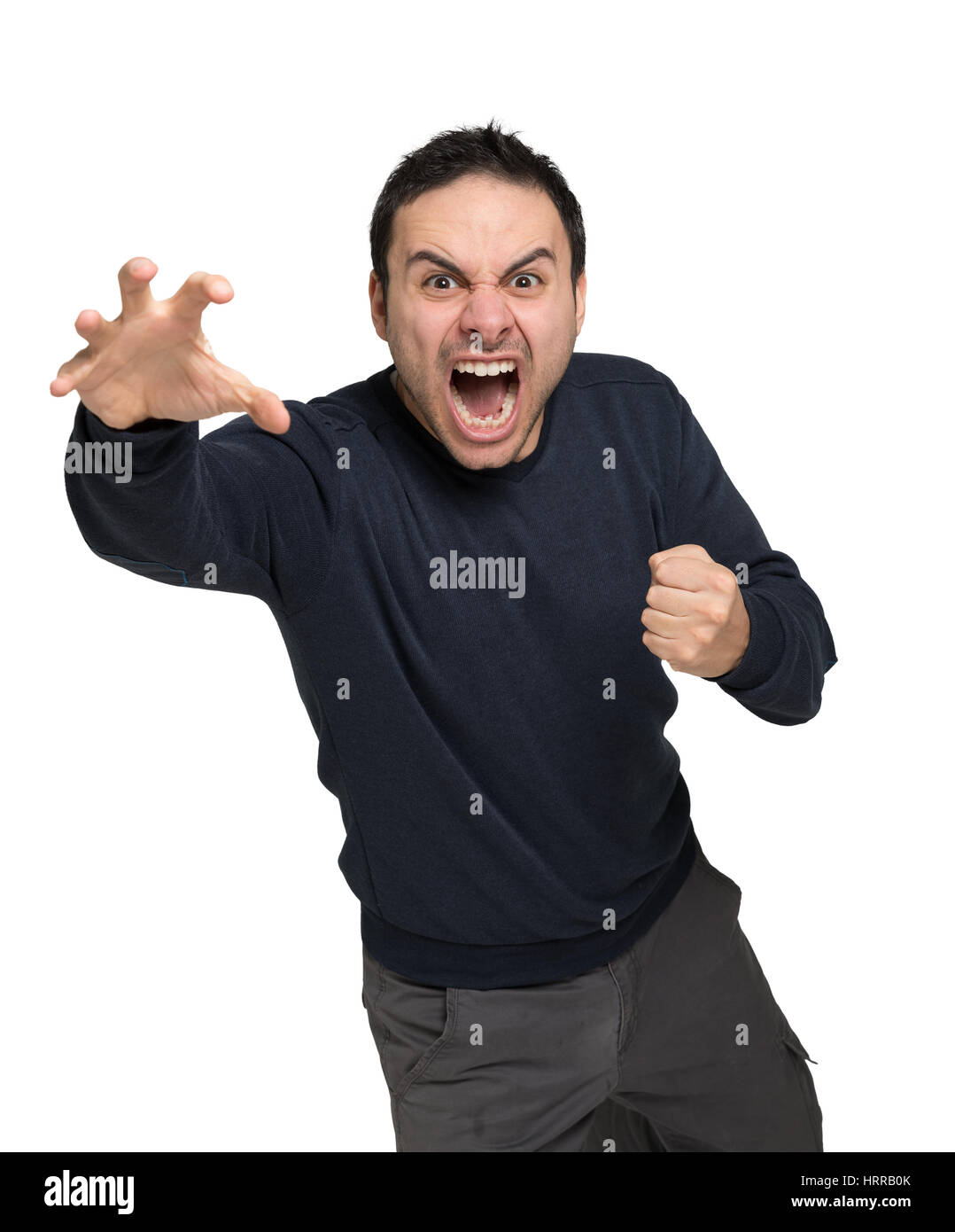 Angry man attacking someone. Isolated on white Stock Photo - Alamy