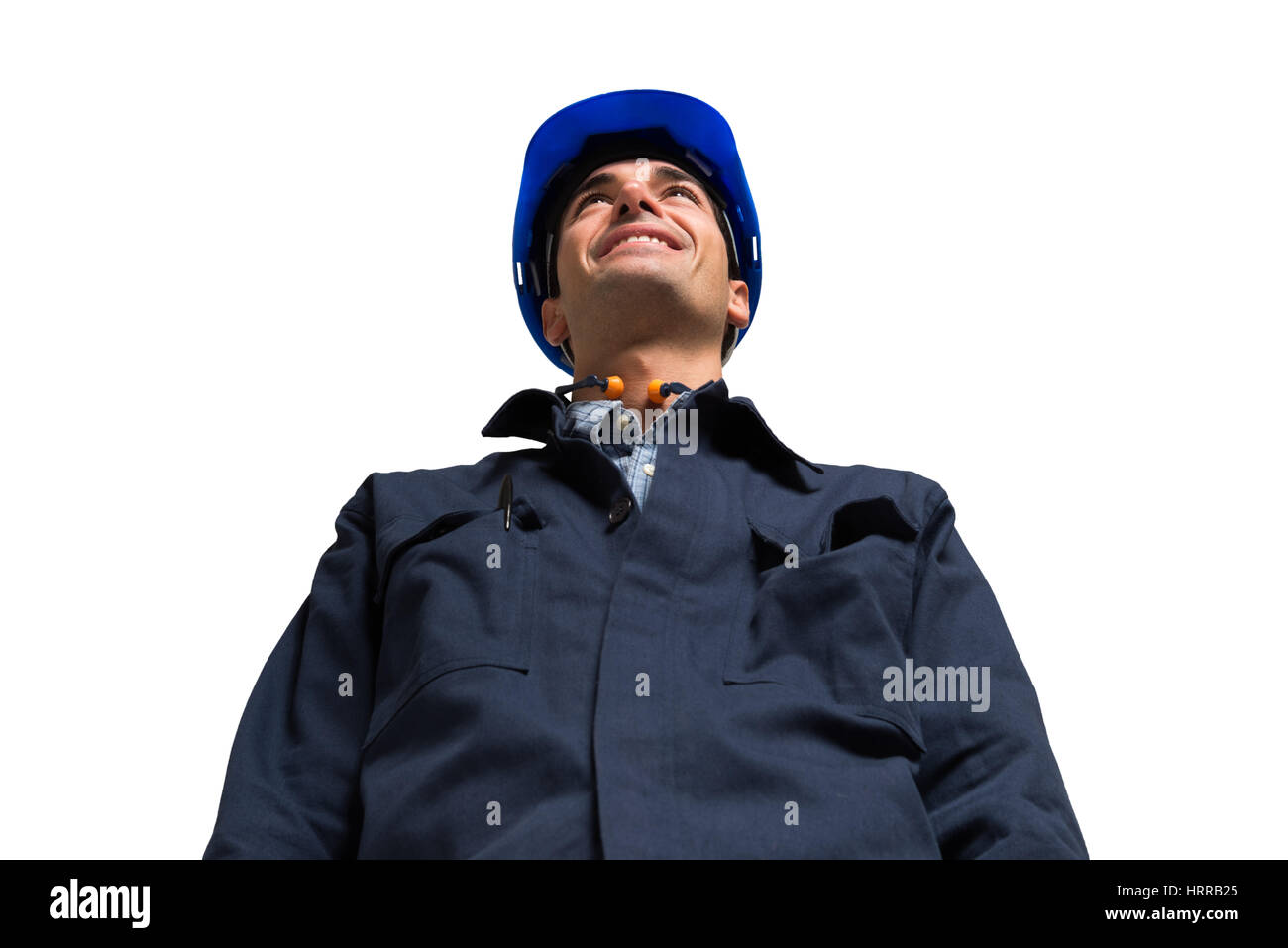 Engineer portrait from a low perspective. Isolated on white Stock Photo ...