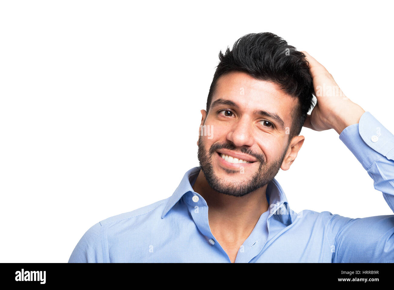 Man touching his hair. Isolated on white Stock Photo - Alamy