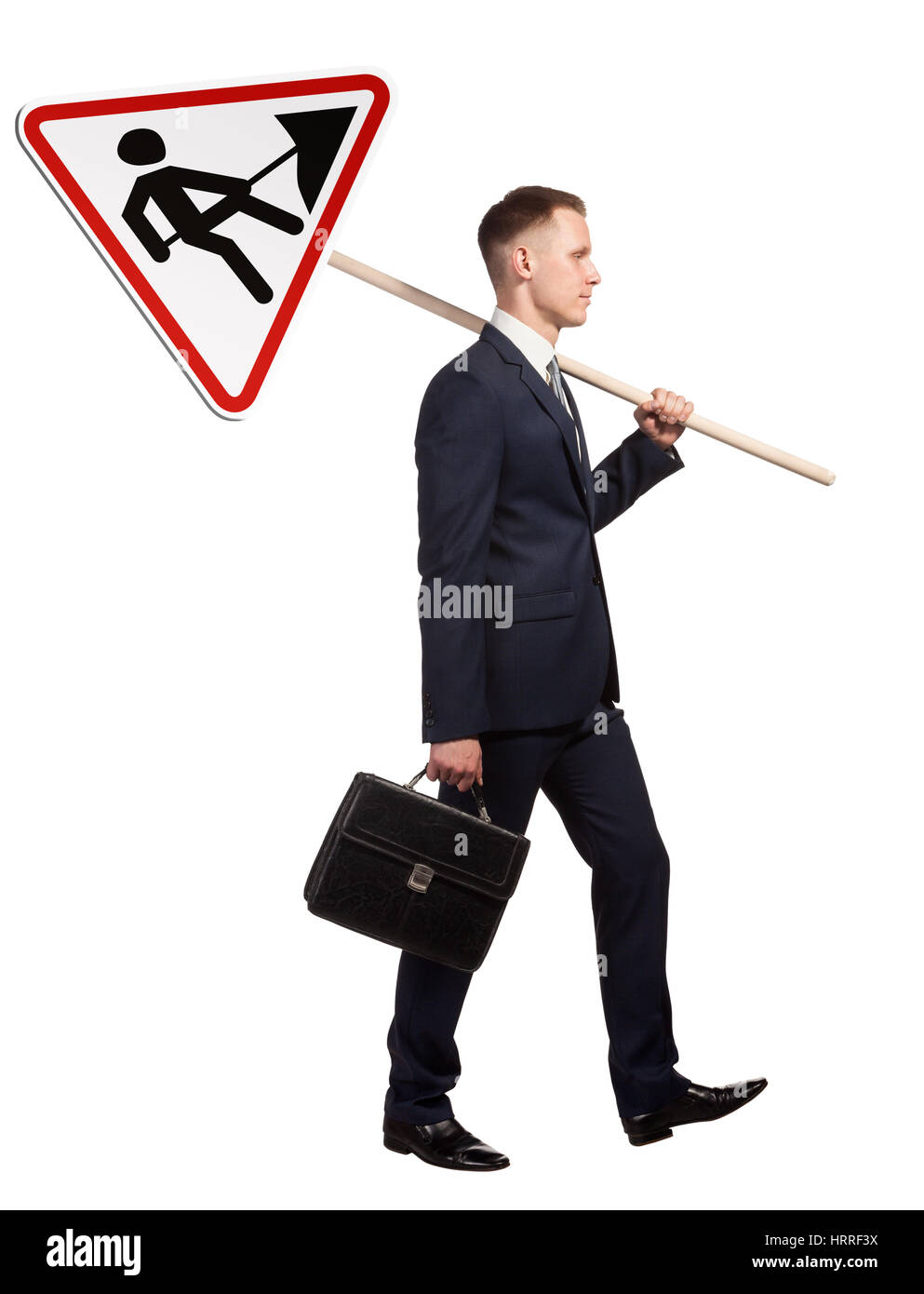Official man carries a road sign Road works . Isolated on white ...