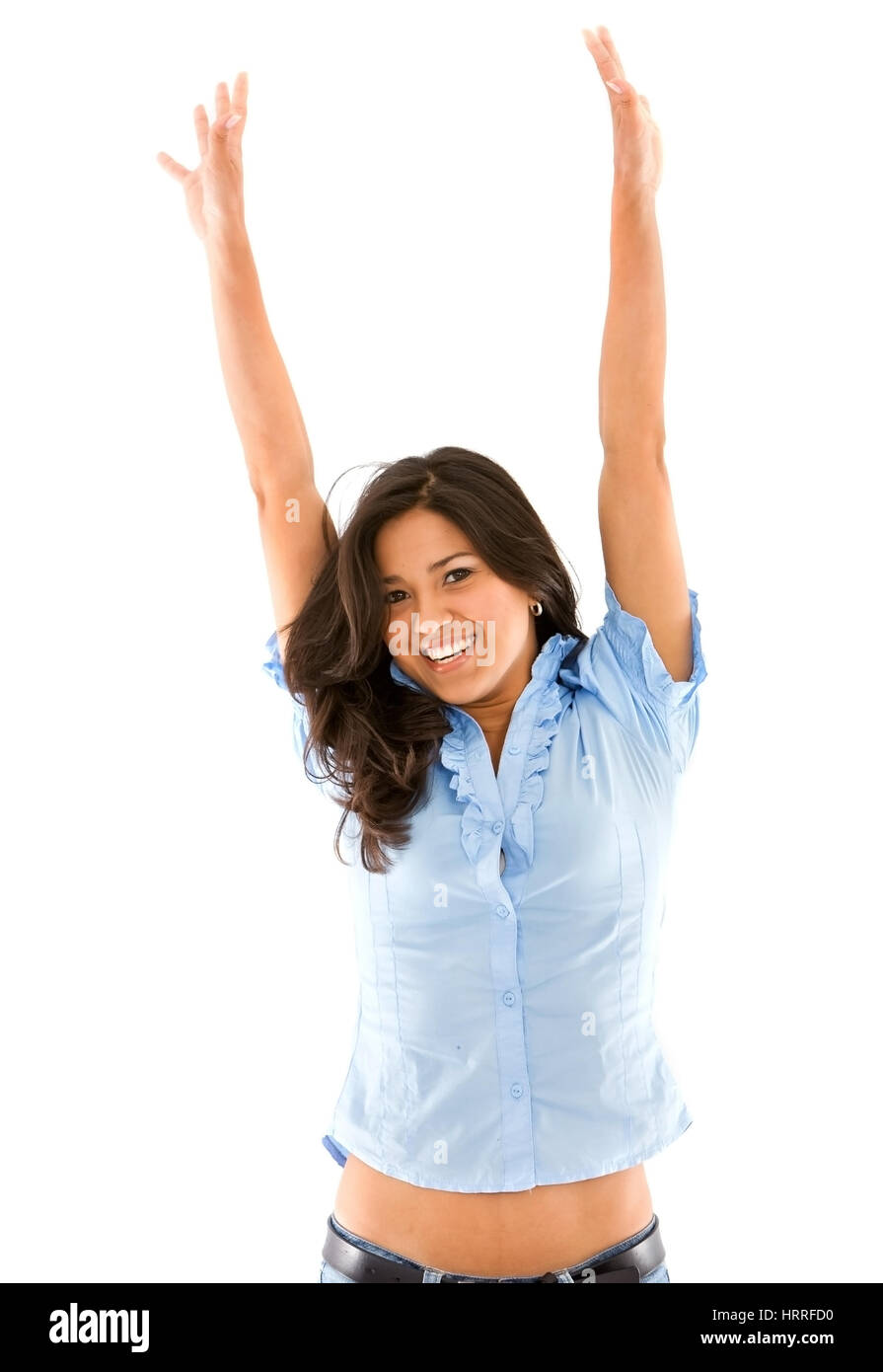 casual woman looking happy with her arms up - isolated Stock Photo - Alamy