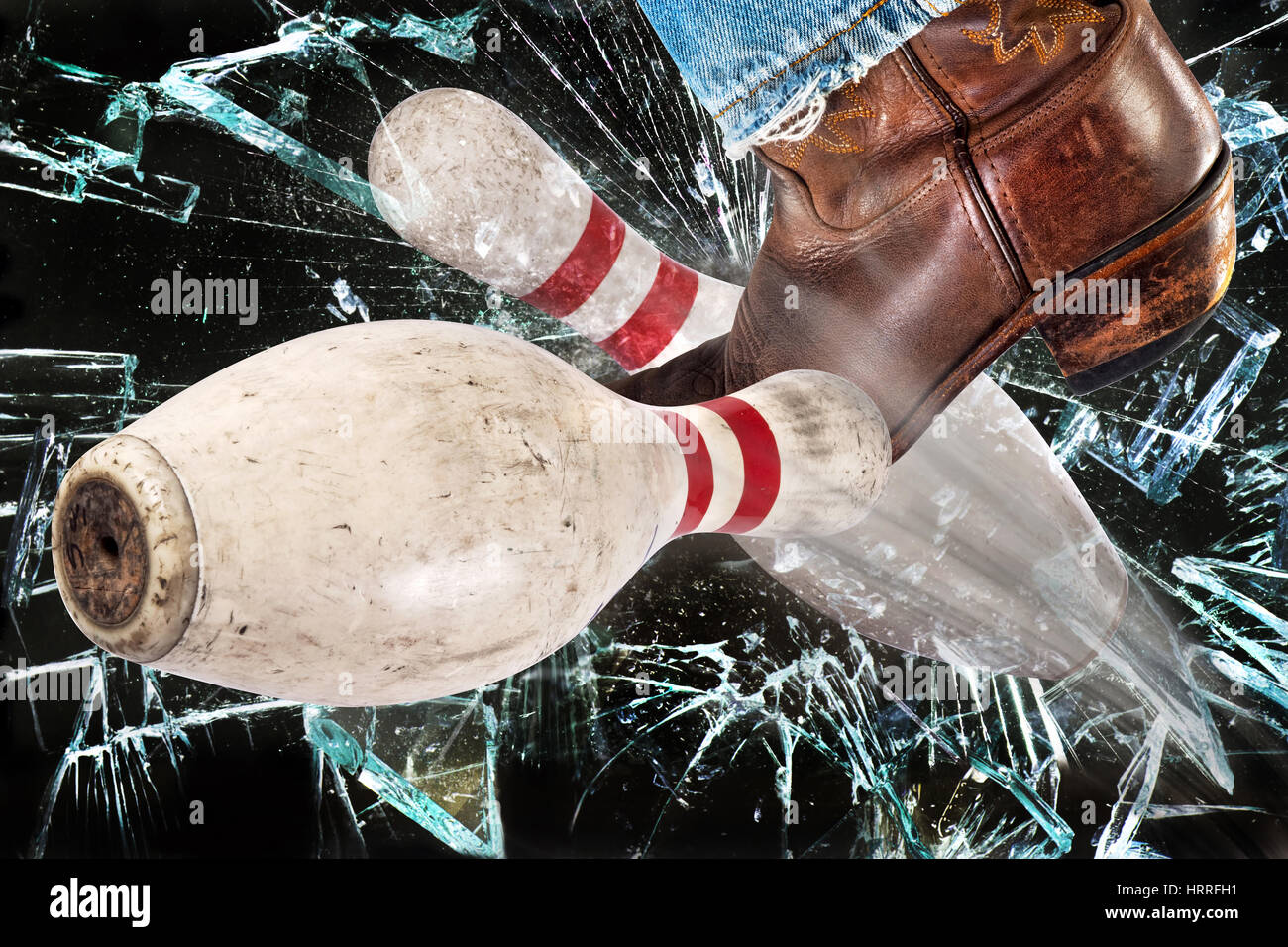 Bowling time to kick the bowling pins through glass window Stock Photo ...