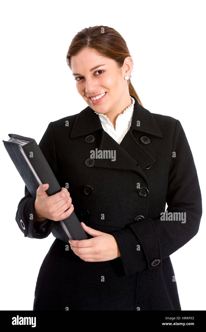 Business woman holding a portfolio isolated over a white background ...