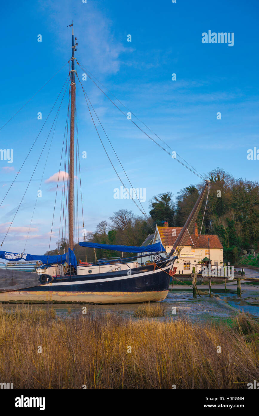 Pin Mill Suffolk, view of a vintage sailing boat sitting in the River ...
