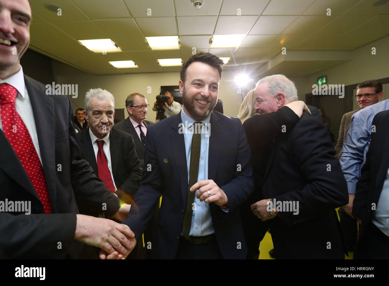 SDLP leader Colum Eastwood (centre) at the Foyle Arena in Londonderry ...
