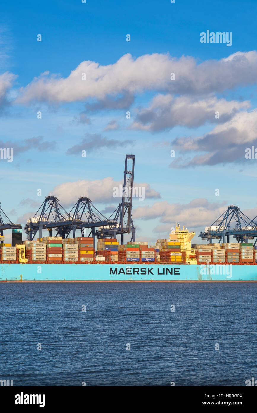 View of a container ship moored at the largest container port in the UK ...