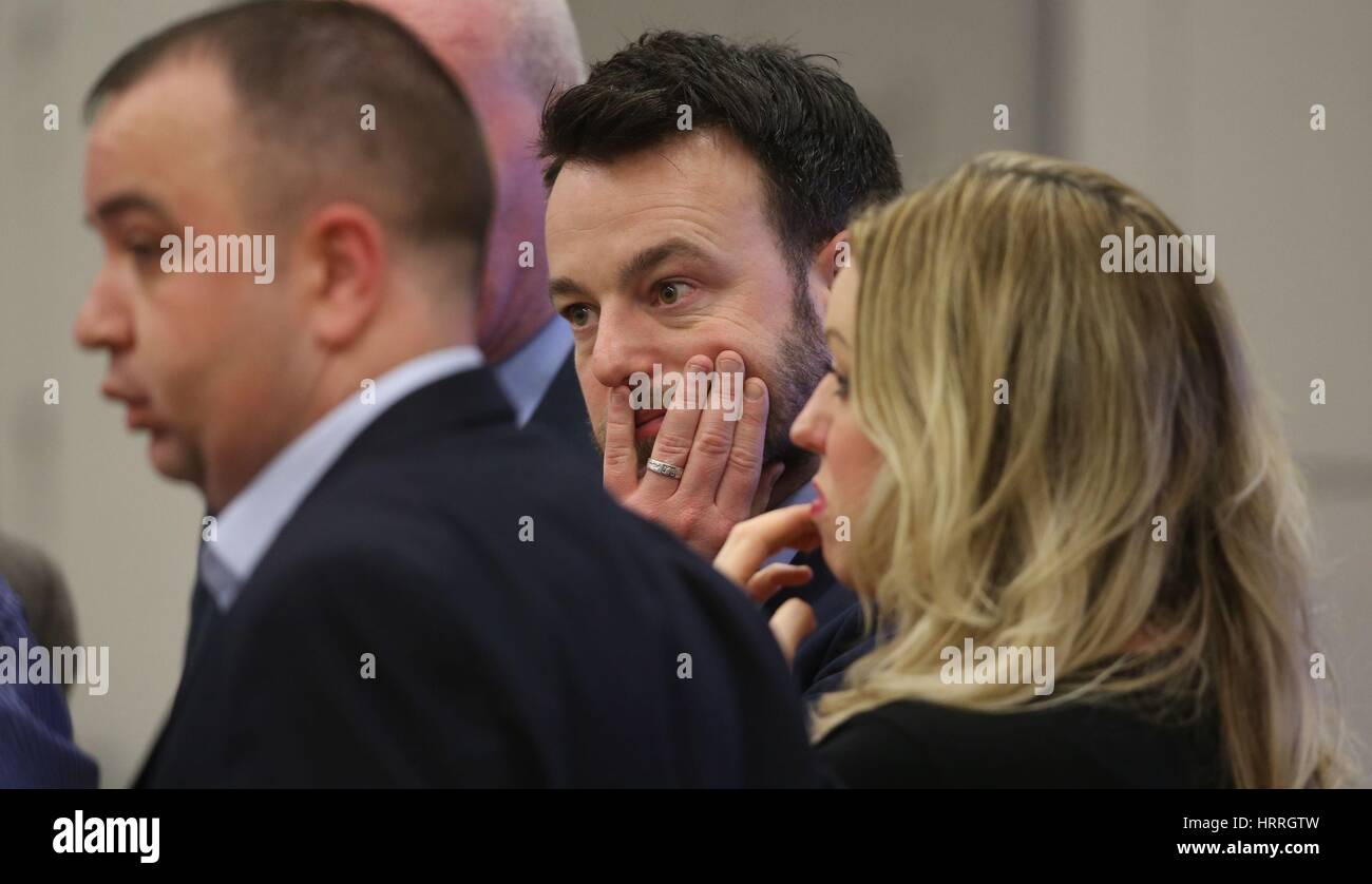 SDLP Leader Colum Eastwood (centre) at the Foyle Arena in Derry, during ...