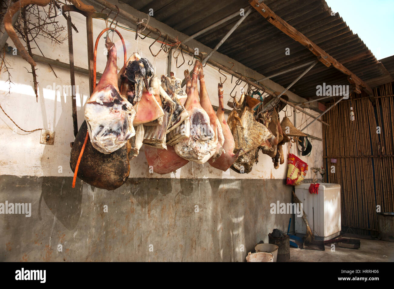 Butchered pig legs hanging on a hook and dried against a wall in china ...