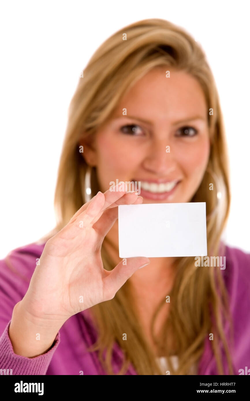 Beautiful woman showing her personal card isolated Stock Photo - Alamy