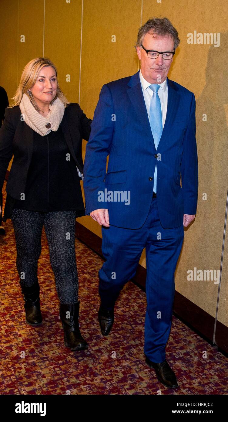 UUP Party Leader Mike Nesbitt, followed by his wife Lynda Bryans, after ...