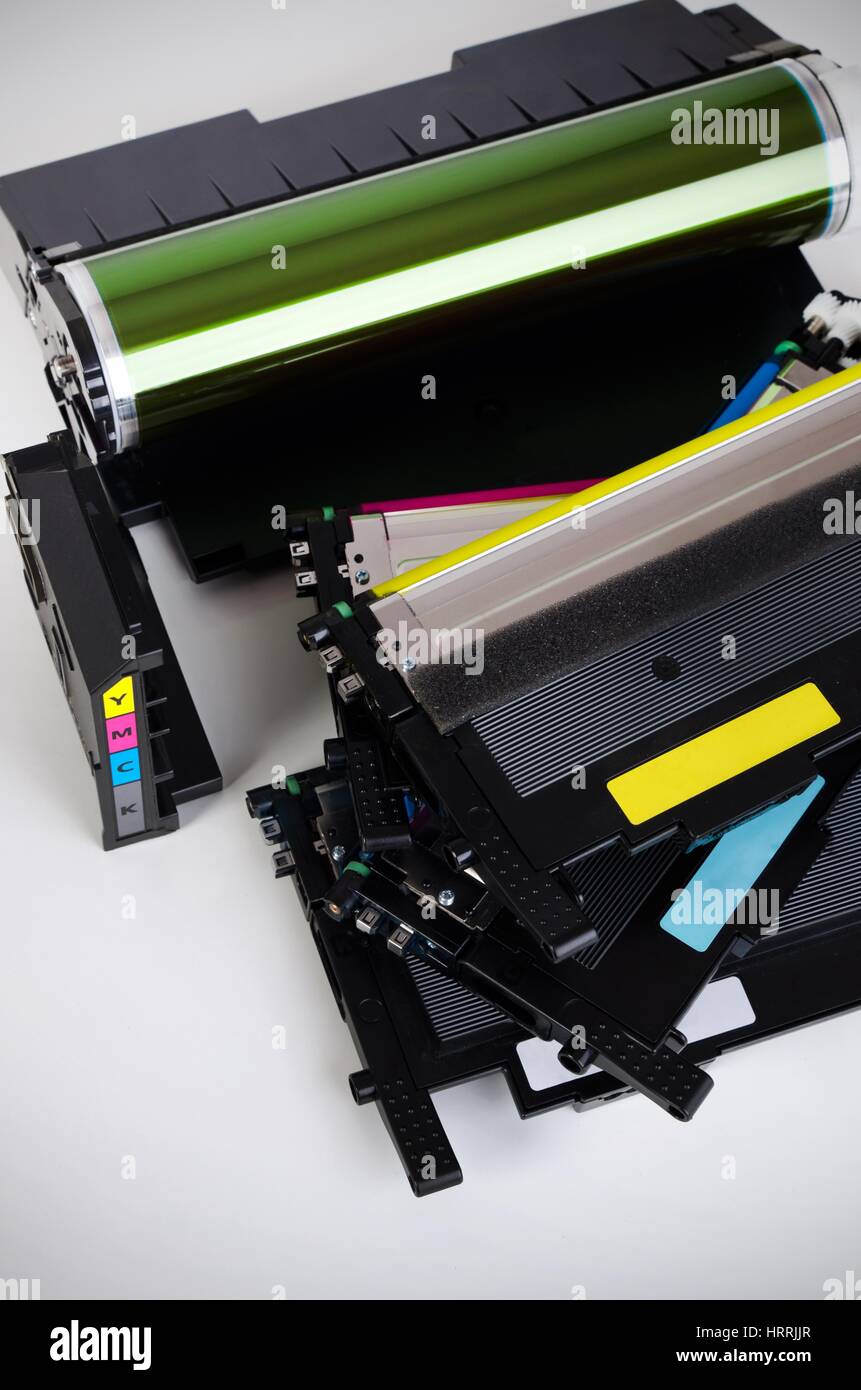 Toner cartridge set for laser printer. Computer supplies on white ...