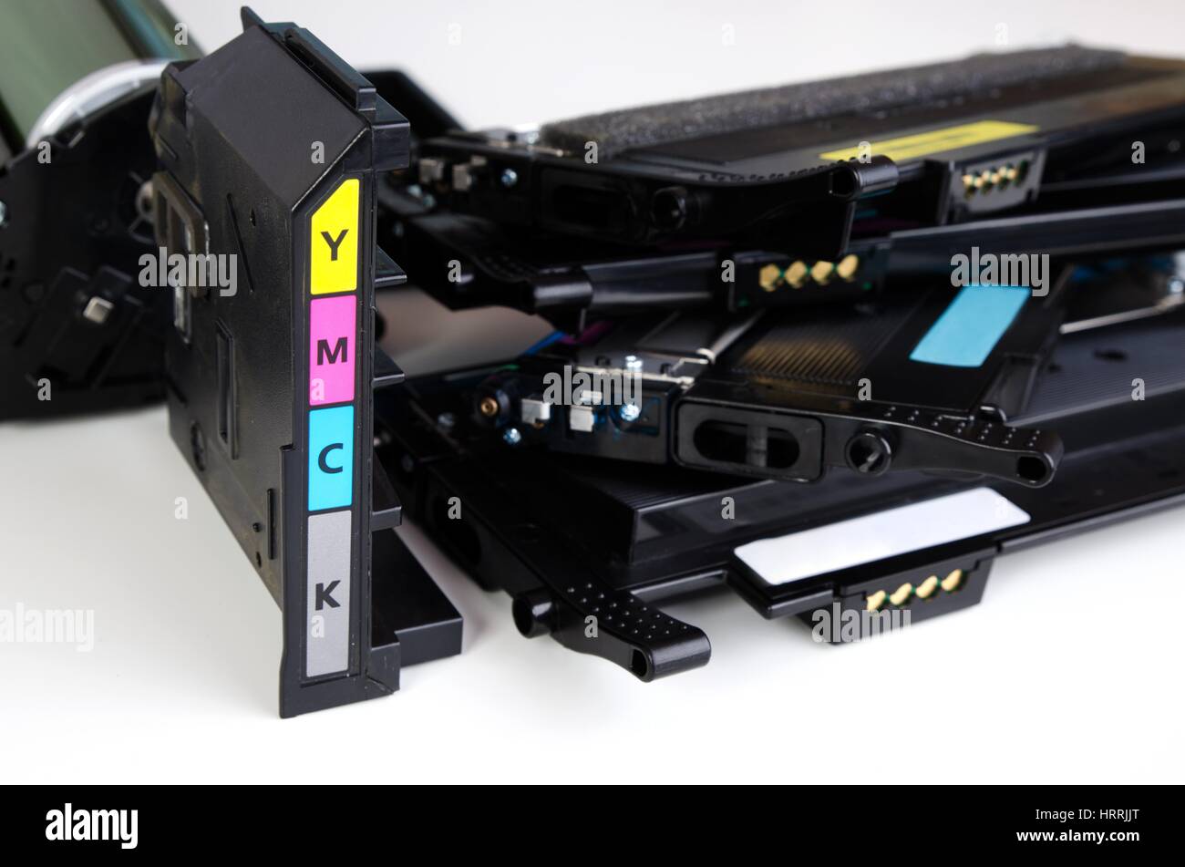 Toner cartridge set for laser printer. Computer supplies on white ...