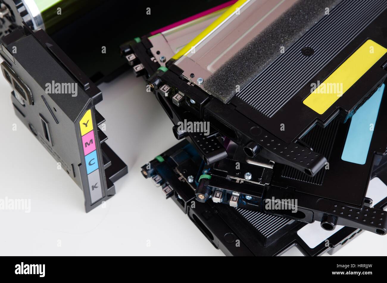 Toner cartridge set for laser printer. Computer supplies on white ...