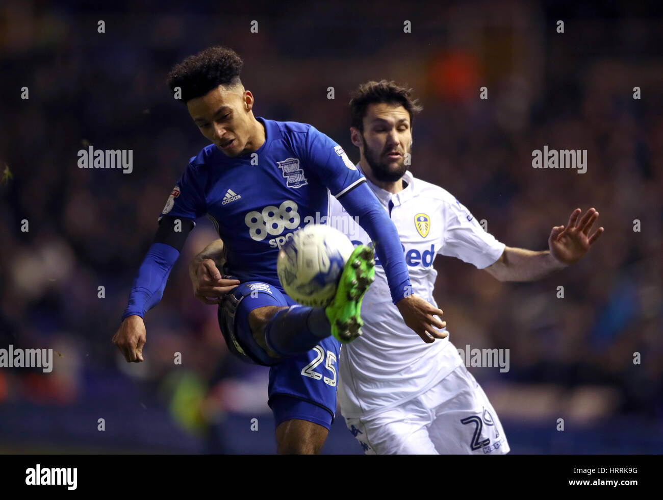Birmingham City's Josh Cogley (left) and Leeds United's Alfonso Pedraza ...