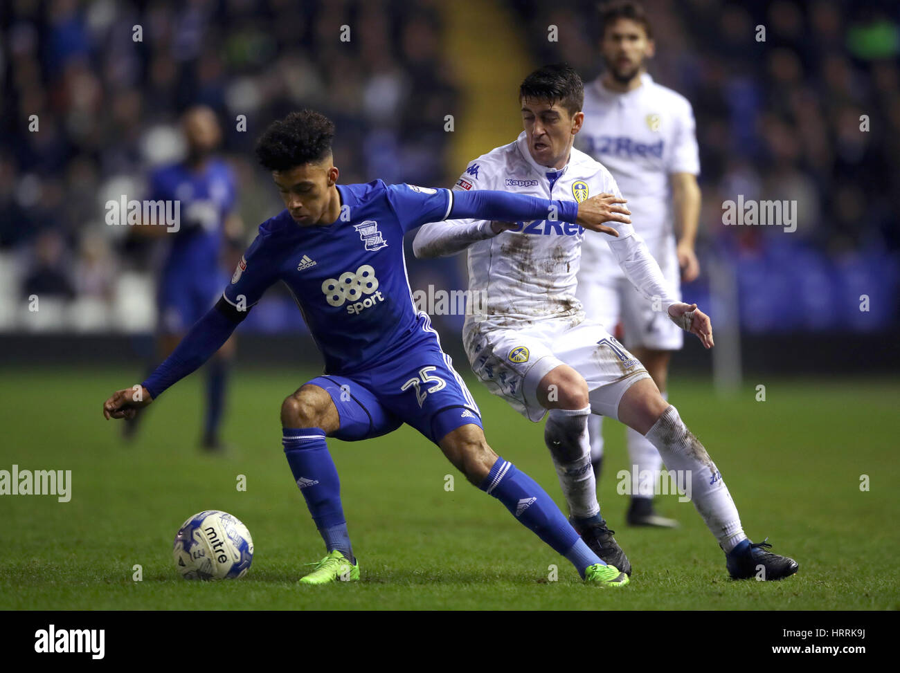 Birmingham City's Josh Cogley (left) and Leeds United's Pablo Hernandez ...