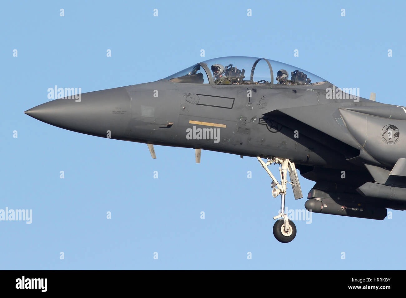 Close up of the nose of a USAF F-15E Strike Eagle as it lands at it's ...