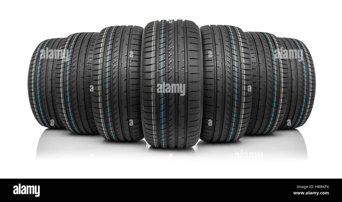 New car tires isolated on white background. Summer tyres Stock Photo ...