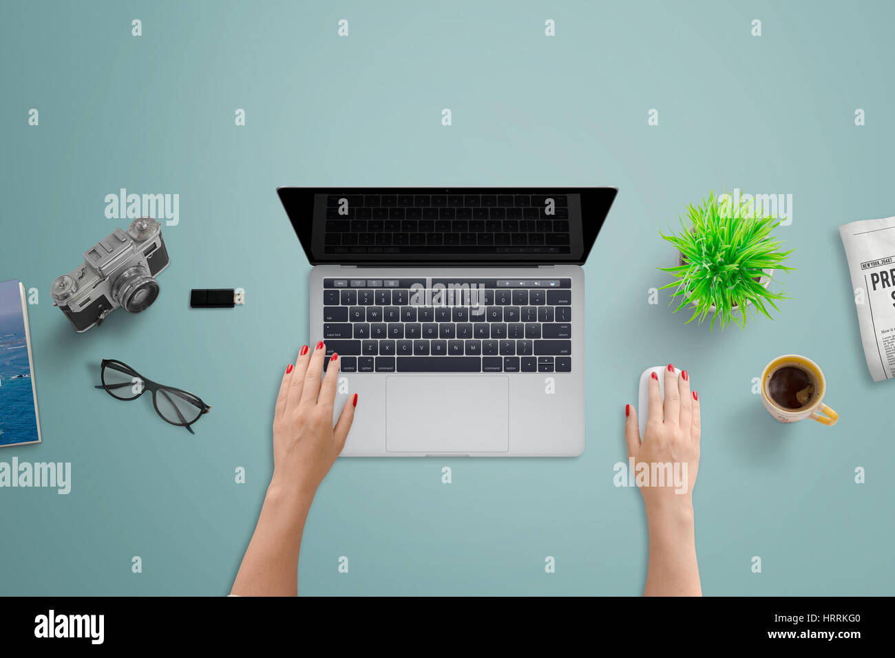 Office desk with laptop computer. Woman work on computer with blank ...