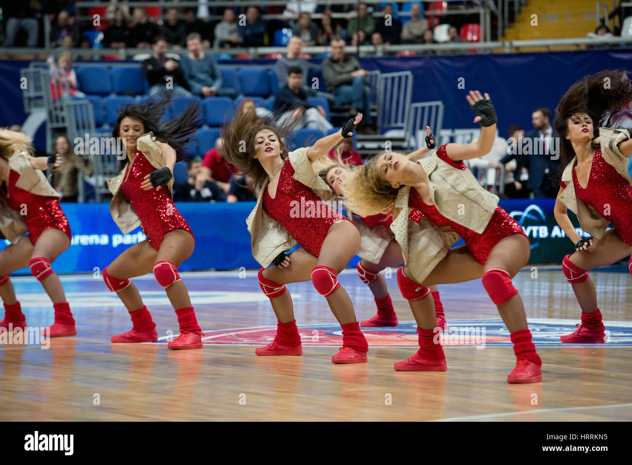 MOSCOW, RUSSIA - JANUARY 27, 2017: Cheerleaders of CSKA team dance on ...