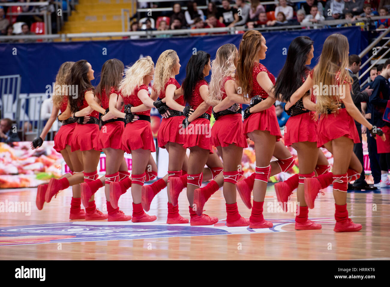 MOSCOW, RUSSIA - JANUARY 27, 2017: Cheerleaders of CSKA team dance on ...