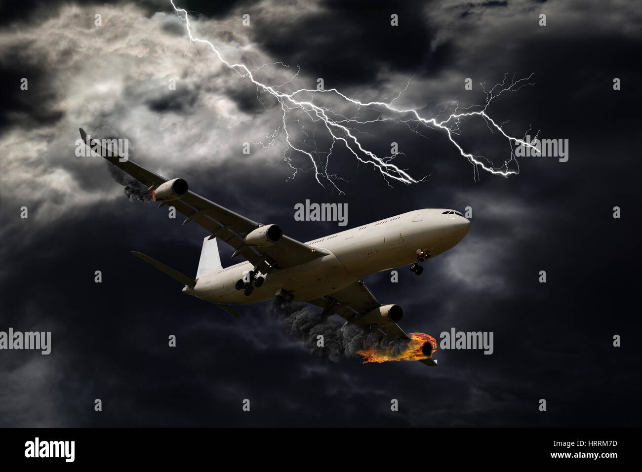 Cinematic portrayal of a fictitious plane flying under stormy and ...