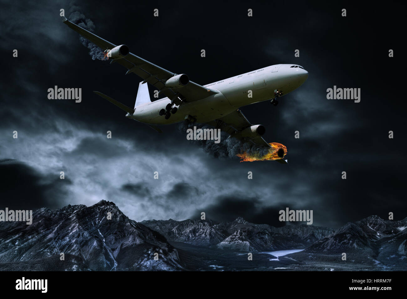 Cinematic portrayal of a fictitious plane in distress flying over ...