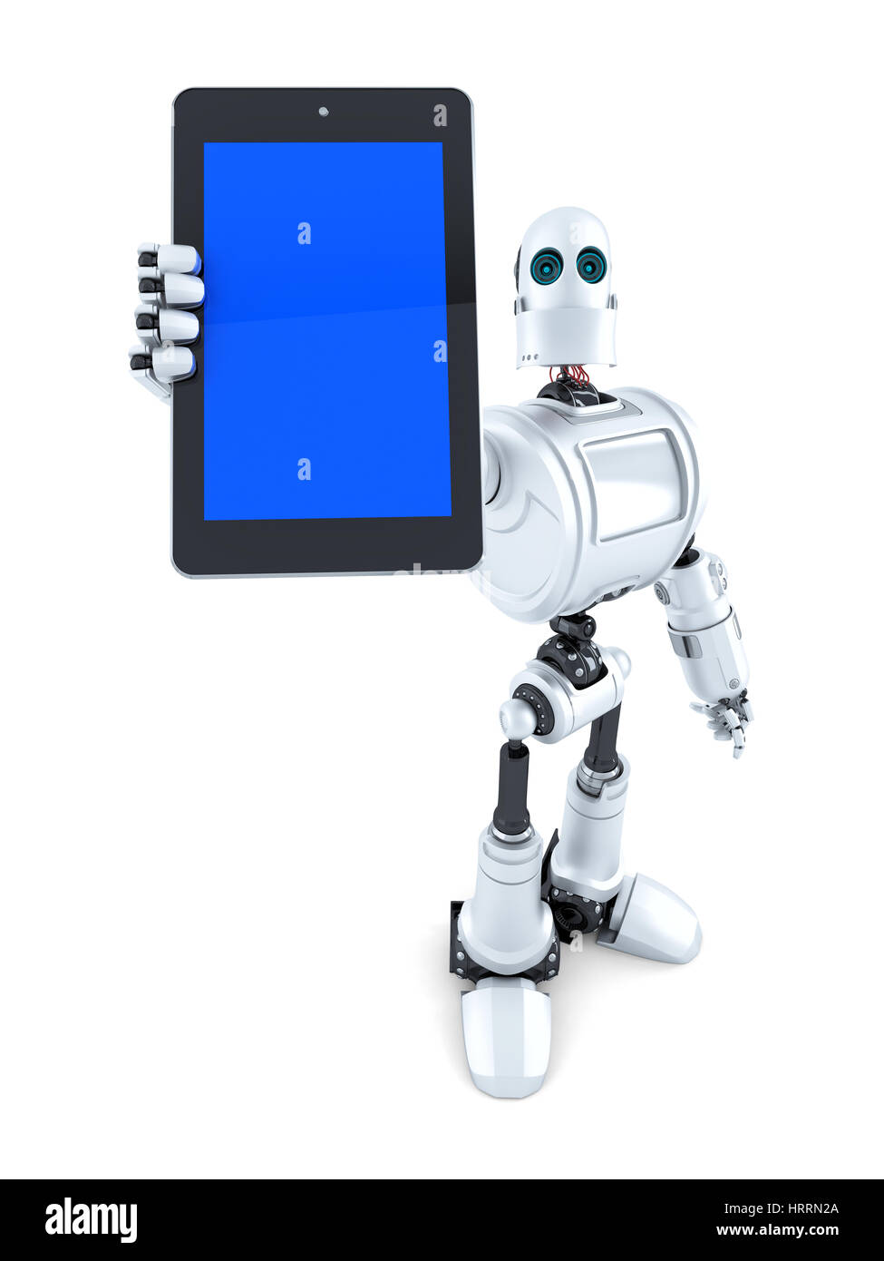 Robot showing touchscreen phone. Isolated over white. Contains clipping ...