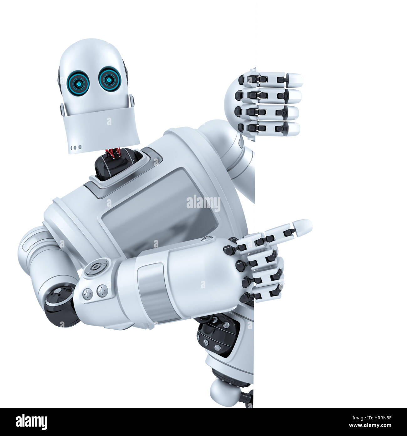 Robot pointing on banner. Isolated on white. Contains clipping path ...