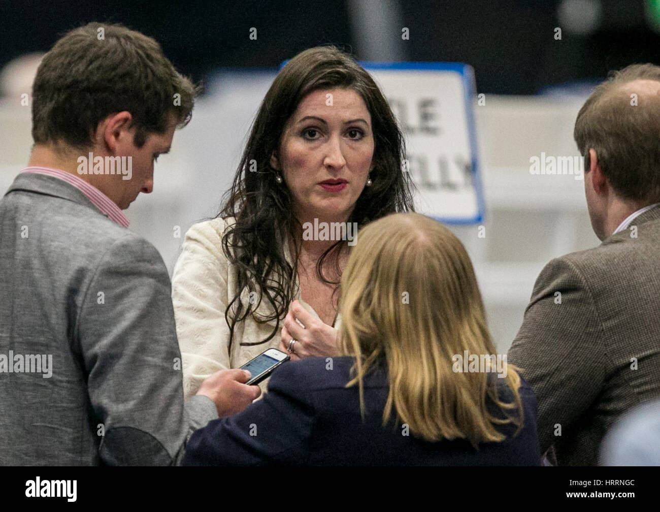 DUP's Emma Little Pengelly (second left) at the main Belfast count ...