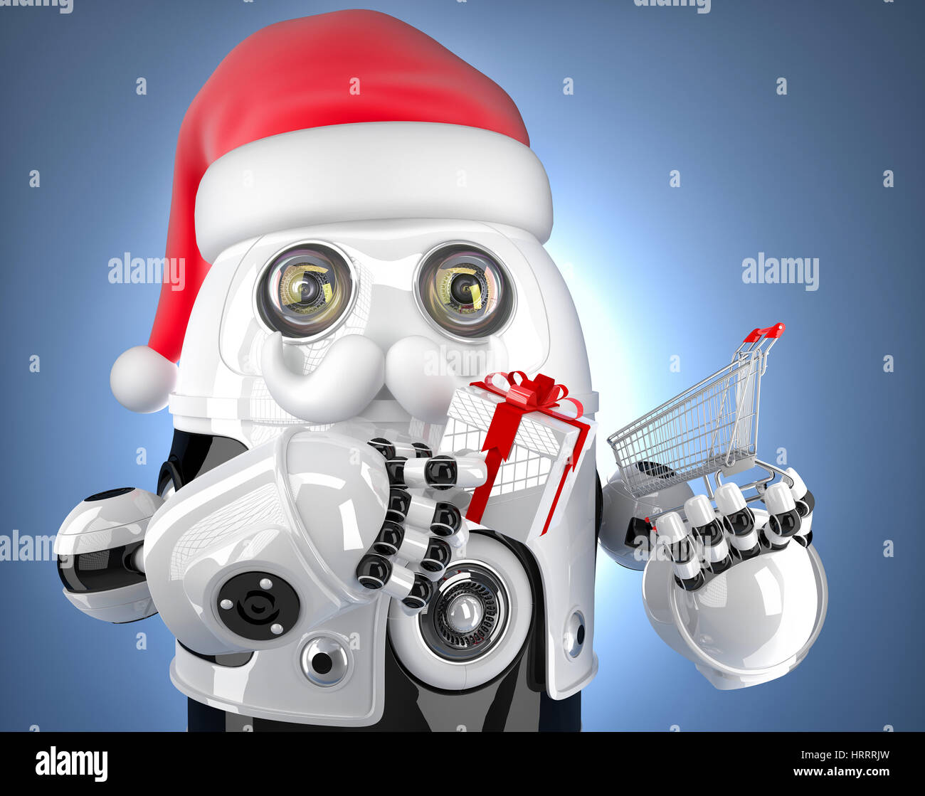 Robot Santa holding a shopping cart. Christmas concept. Contains ...