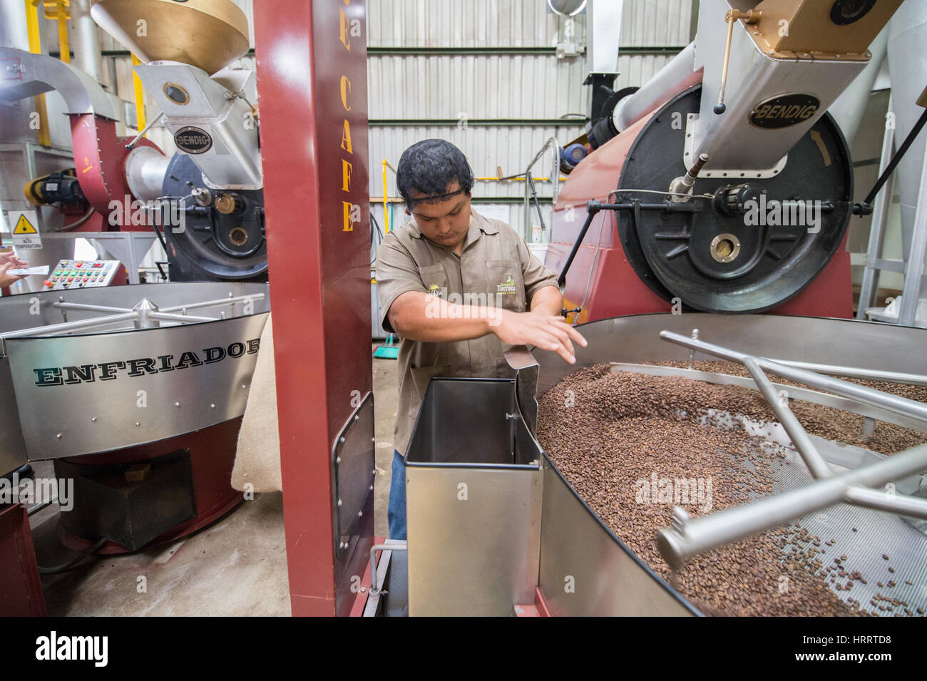 A coffee worker checks on a large metal tank where roasted coffee beans ...