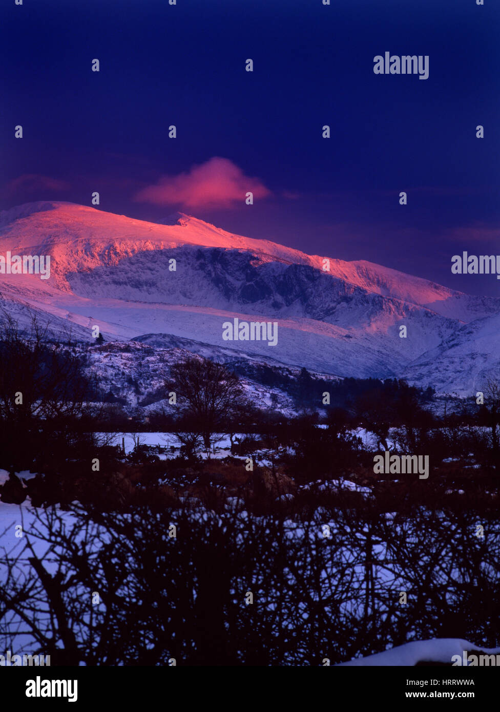 Pyramidal summit of Snowdon 3560ft (1085m), North Wales, seen from the ...