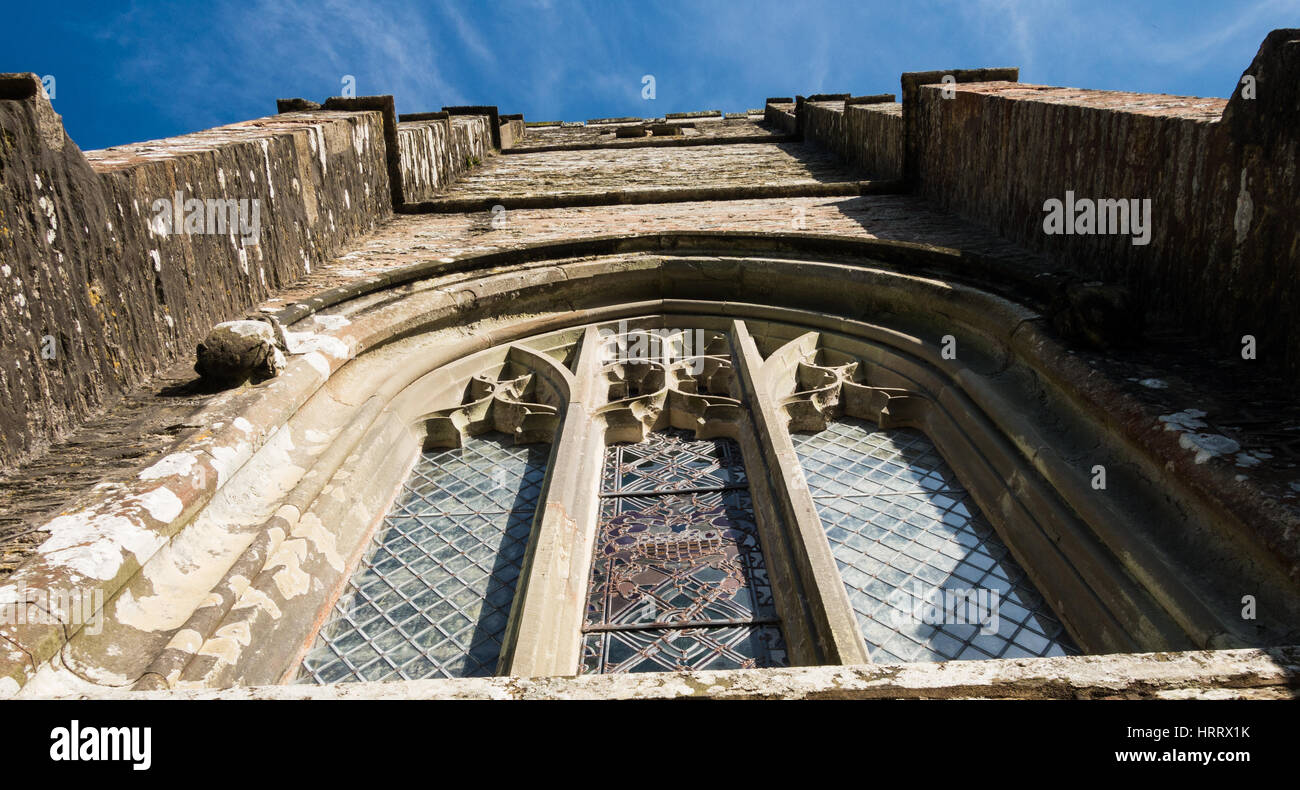 Looking up the tower from ground level of the main tower of an old ...