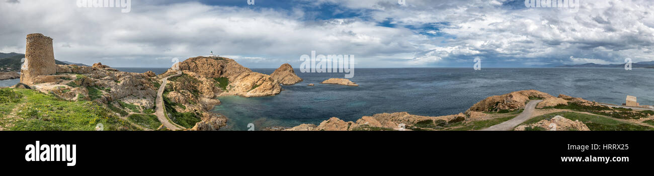 Panoramic view across the Mediterranean sea and the Genoese tower and ...