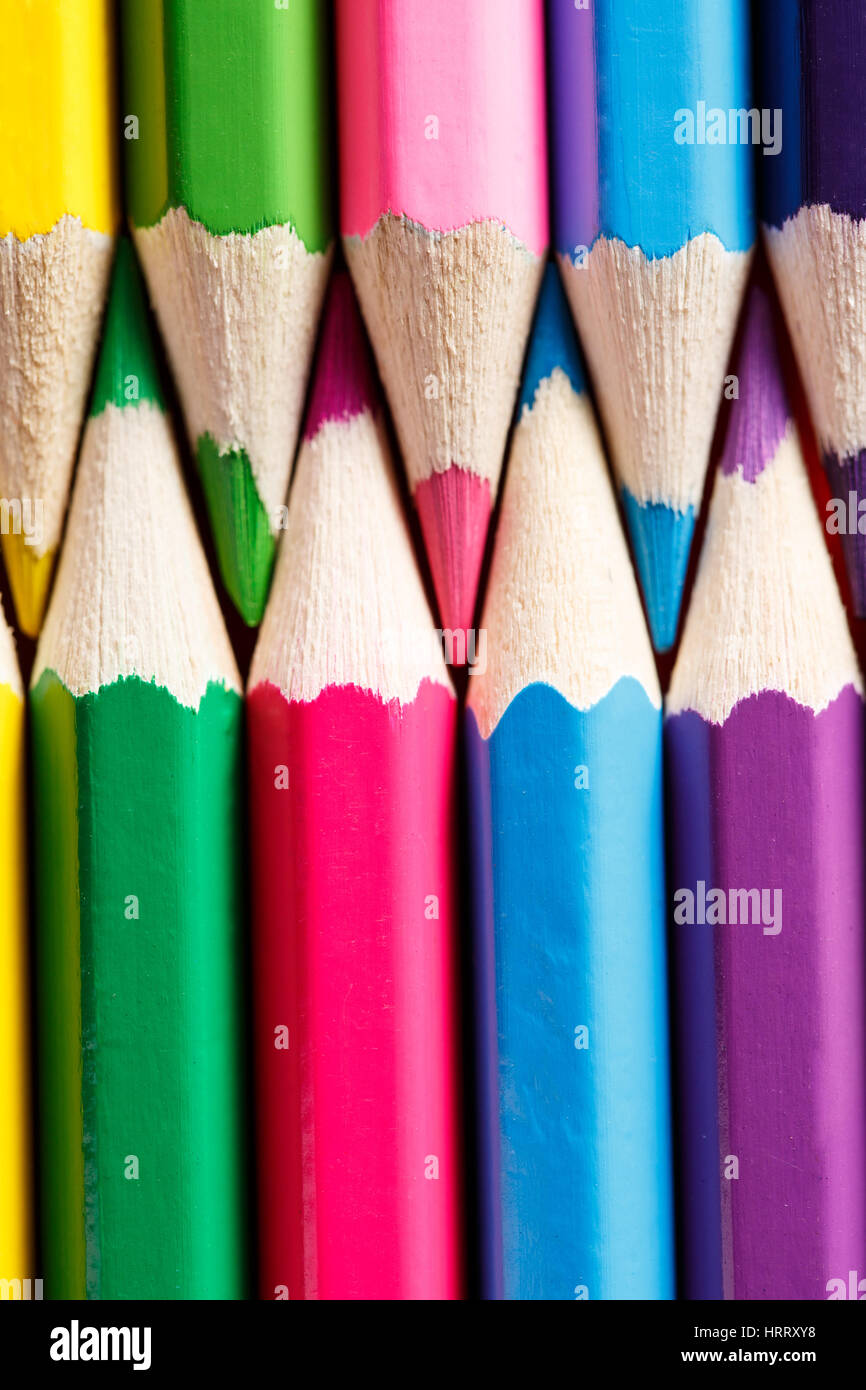 Different colored crayon opposed each other. Direct position of pencils ...