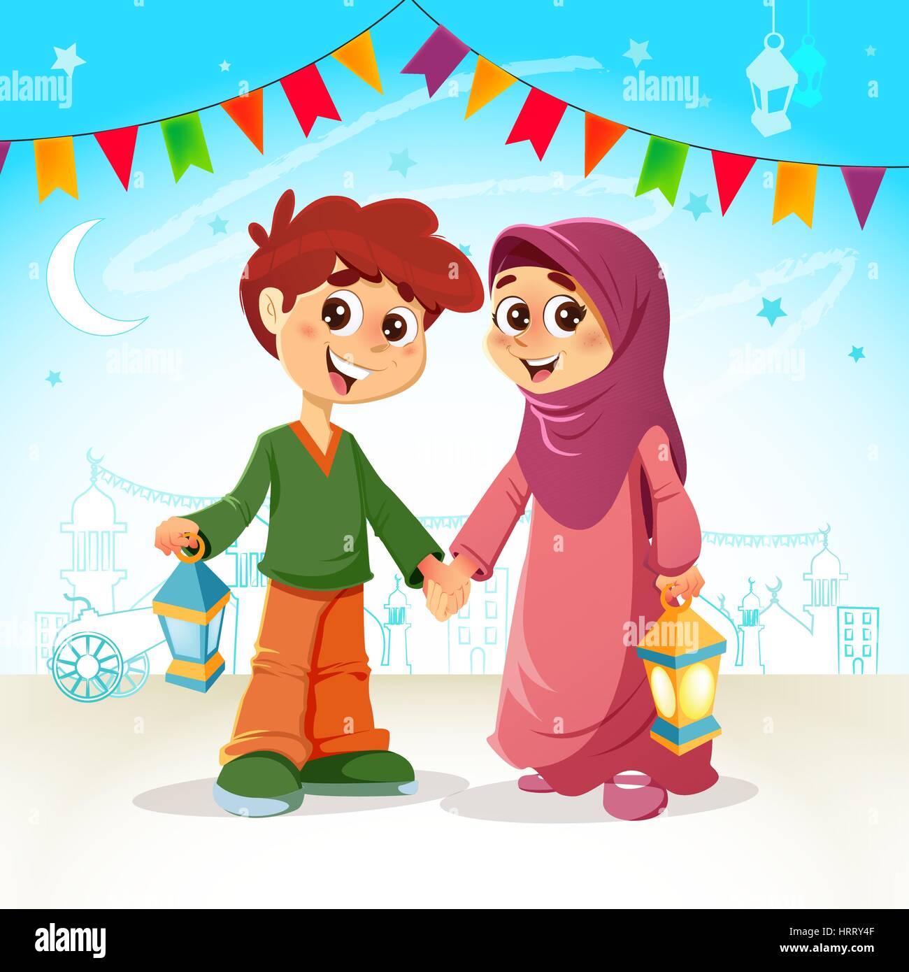 Vector Illustration of Young Muslim Boy and Girl Celebrating Ramadan ...
